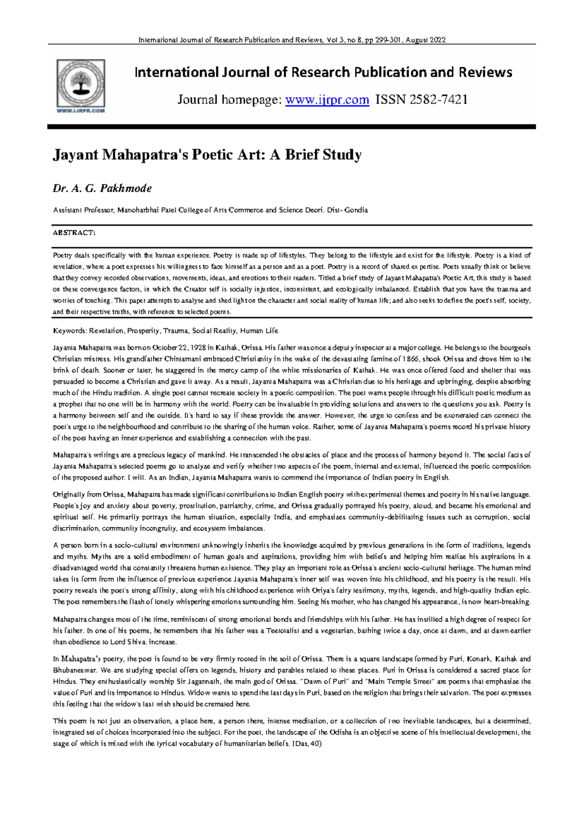 Ijrpr 6404 - Jayanta Mahapatra's poetic art - International Journal of ...
