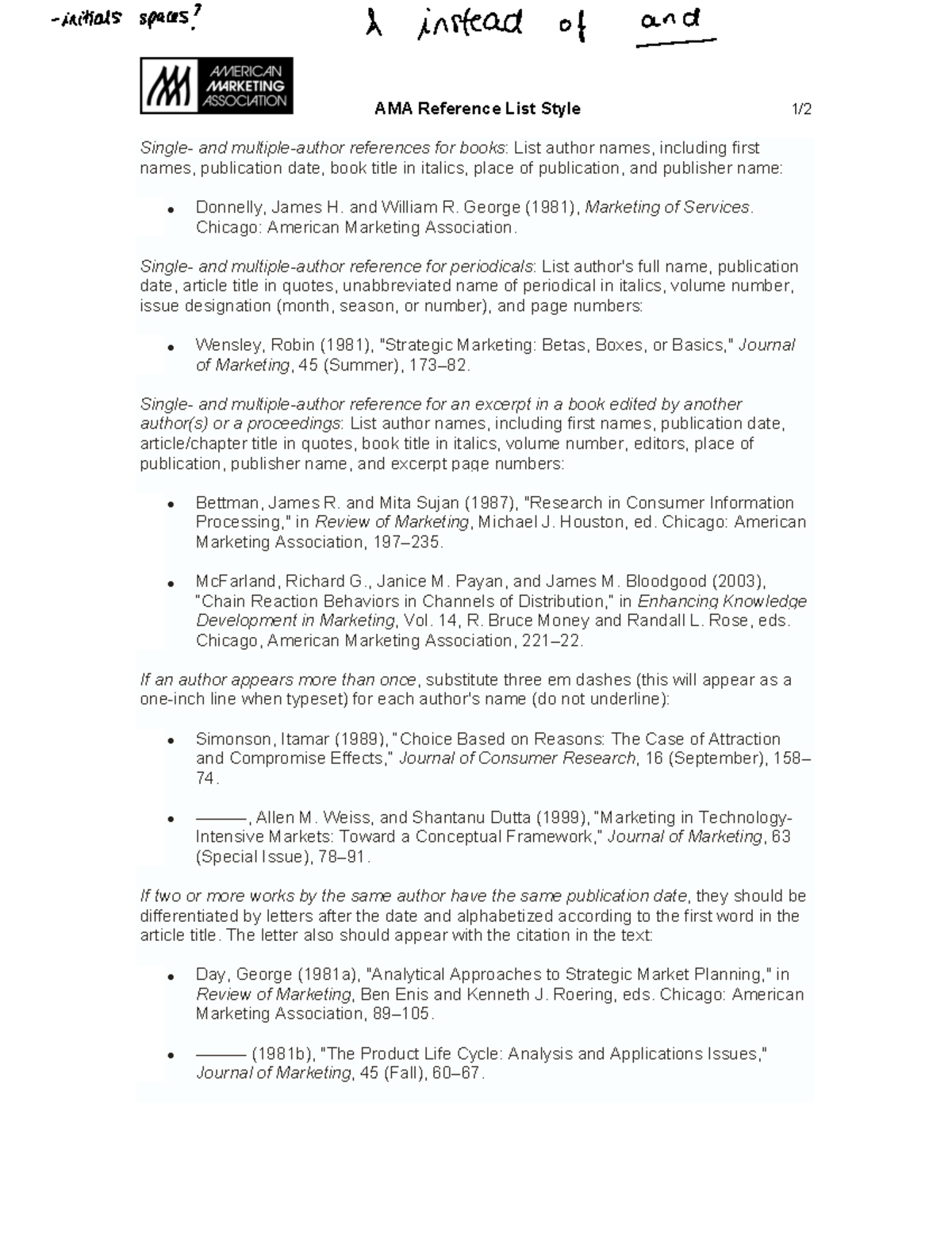 AMA Reference Style Customer Management - AMA Reference List Style 1 ...