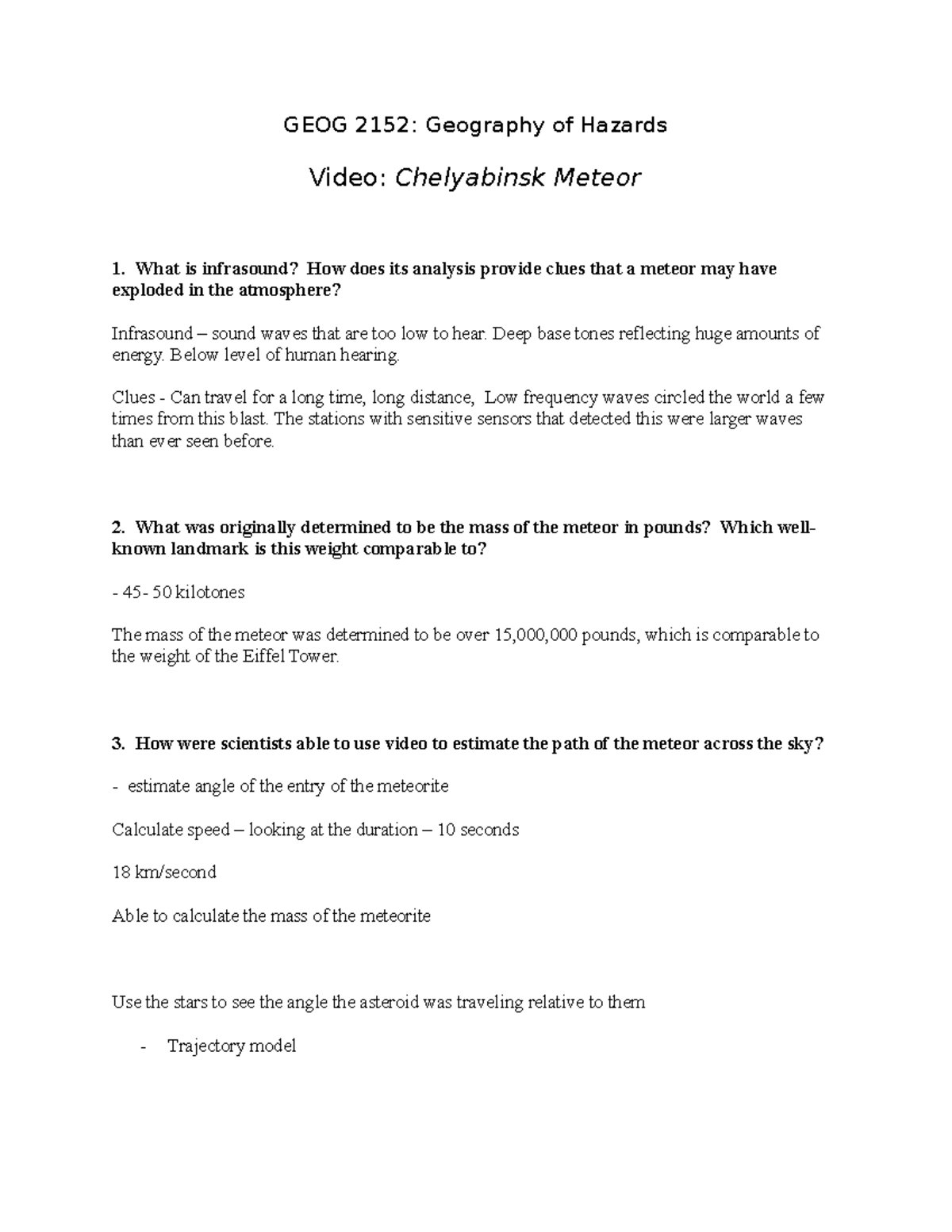 Video Questions - Chelyabinsk Meteor - GEOG 2152: Geography of Hazards ...