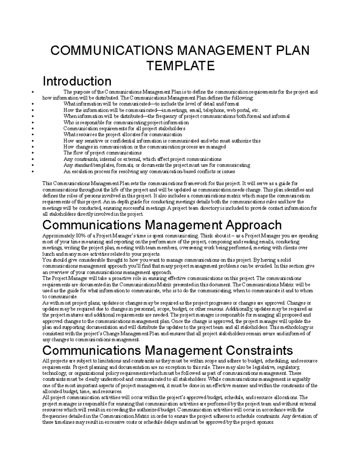 Communication Plan - COMMUNICATIONS MANAGEMENT PLAN TEMPLATE ...