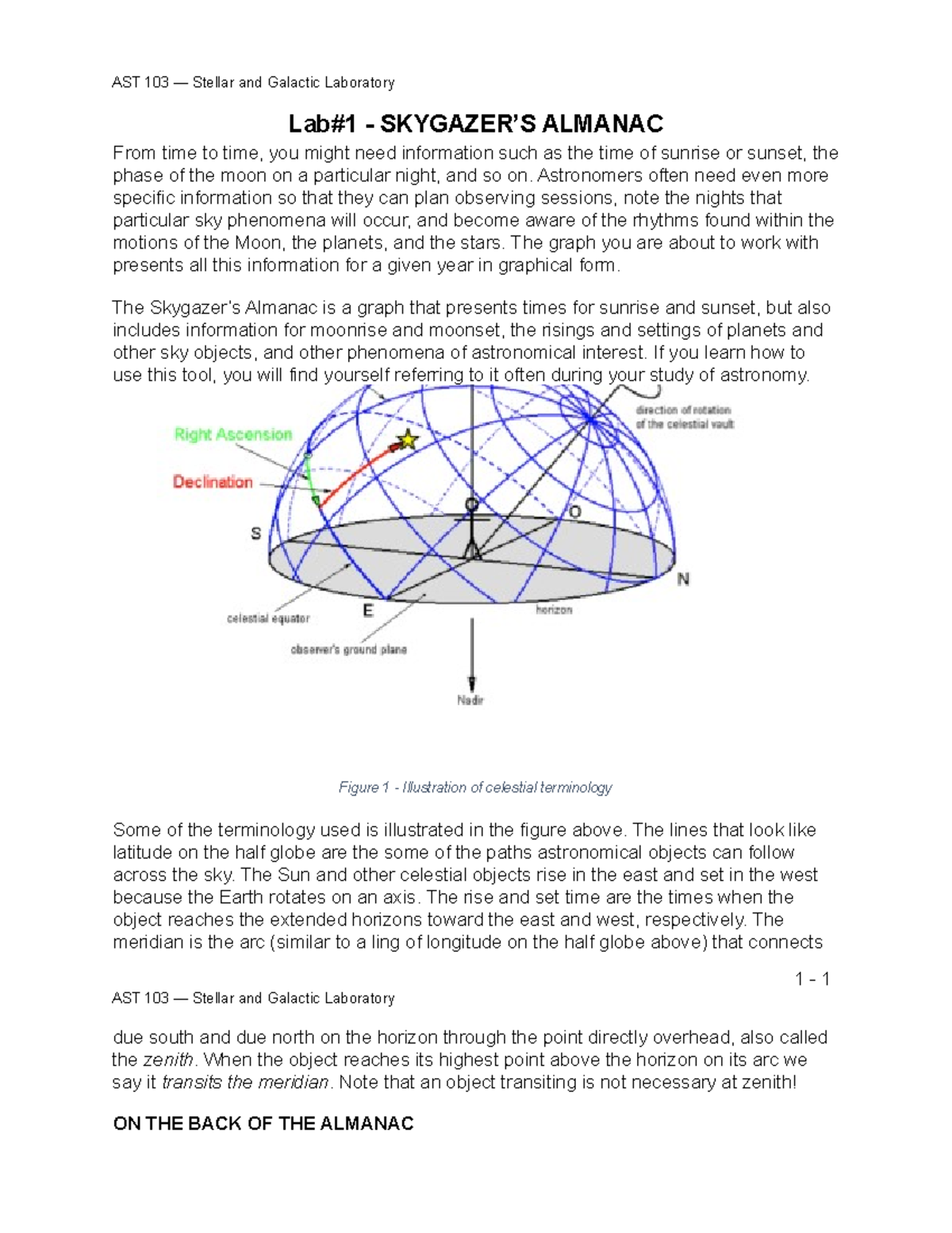 AST103 Lab#1 - Skygazer's Almanac copy-2 - AST 103 — Stellar and ...