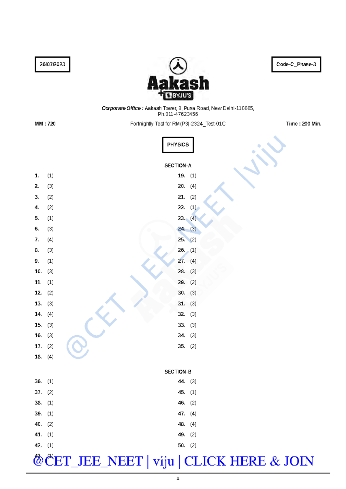 FT - 1 CODE - C RM Phase - 3 Answer Key @CET JEE NEET - 26/07/ Corporate Office : Aakash Tower ...