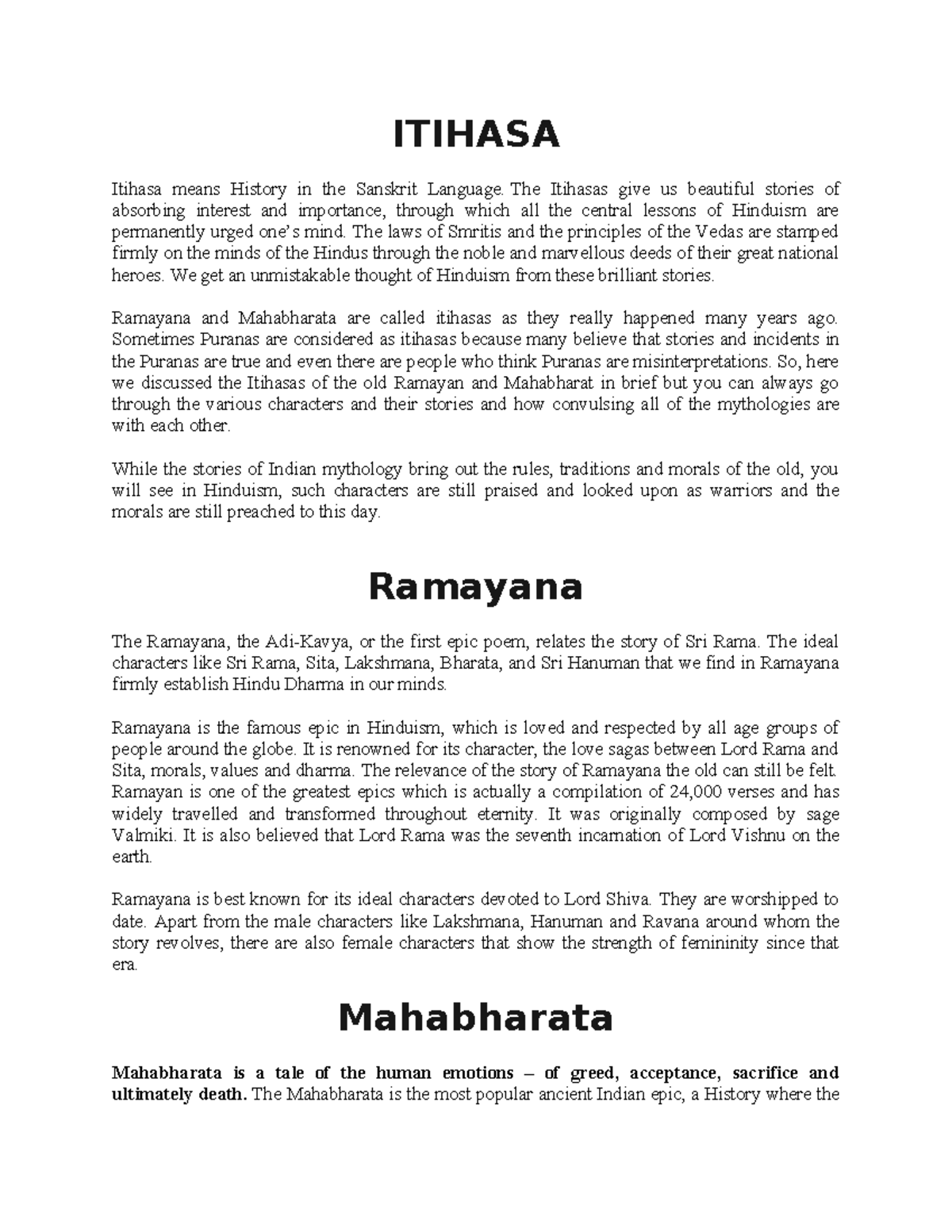 Itihasa - mahabharta and ramayana - ITIHASA Itihasa means History in ...
