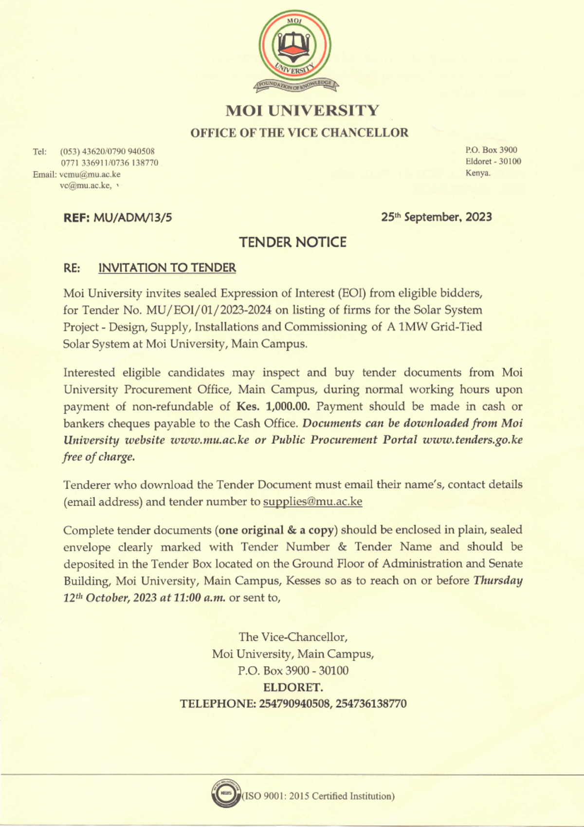 Invitation to Tender - Note - M0I UNIVERSITY OFFICE OF THE VICE ...