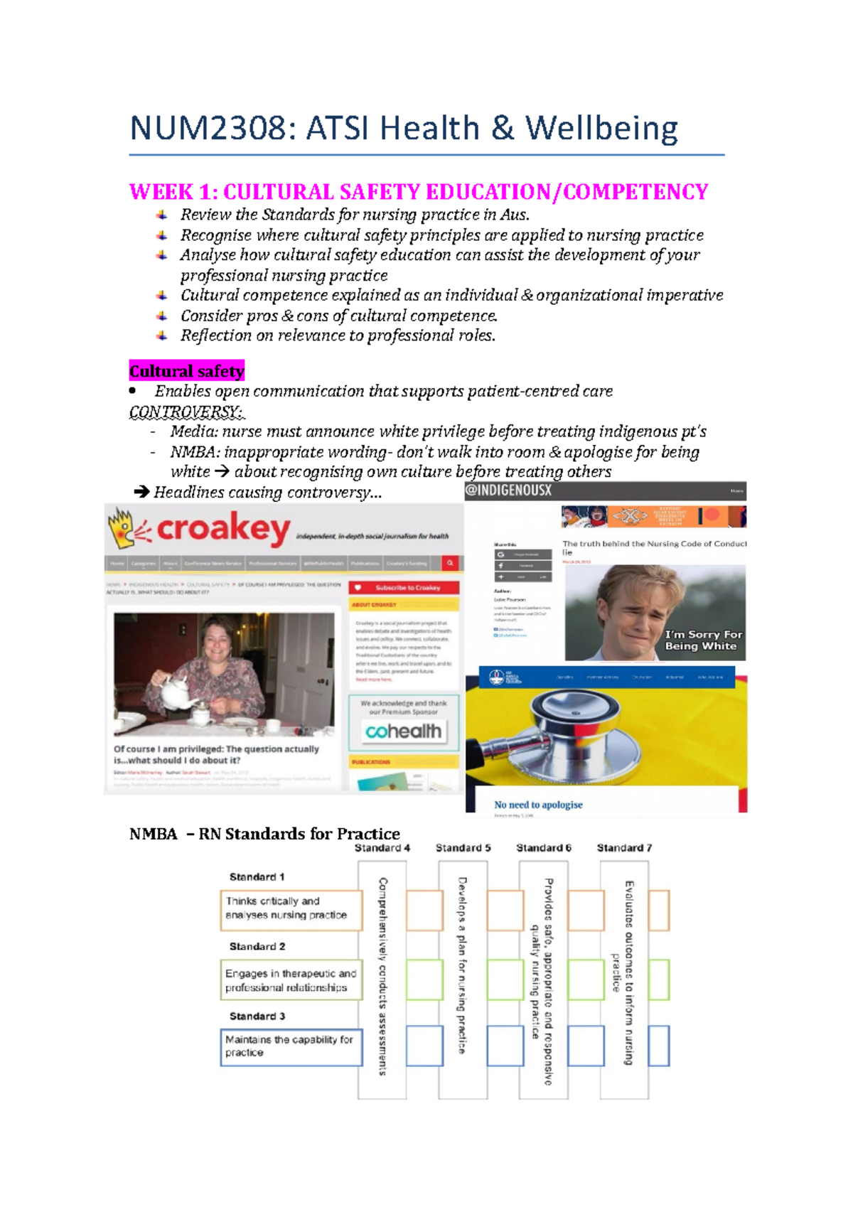 ATSI Notes - NUM2308: ATSI Health & Wellbeing WEEK 1: CULTURAL SAFETY ...