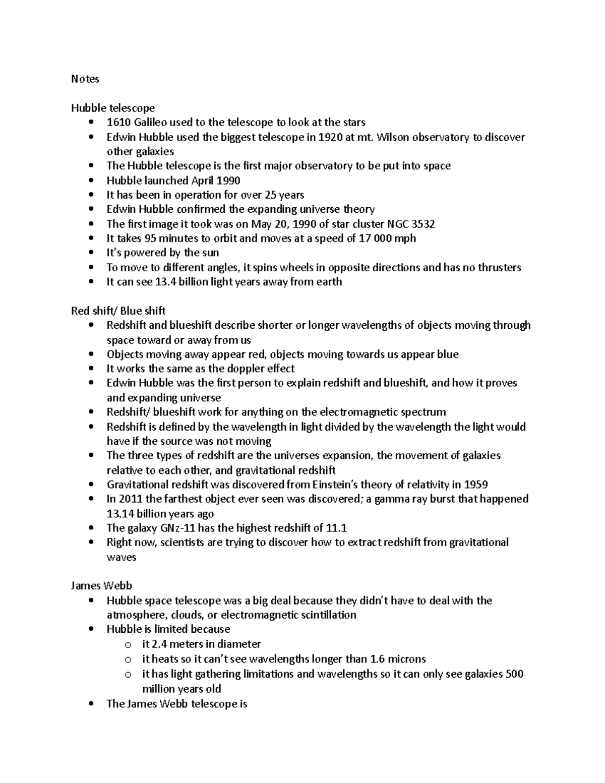 Grade 12 Space science notes red shift blue shift, the Hubble telescope ...