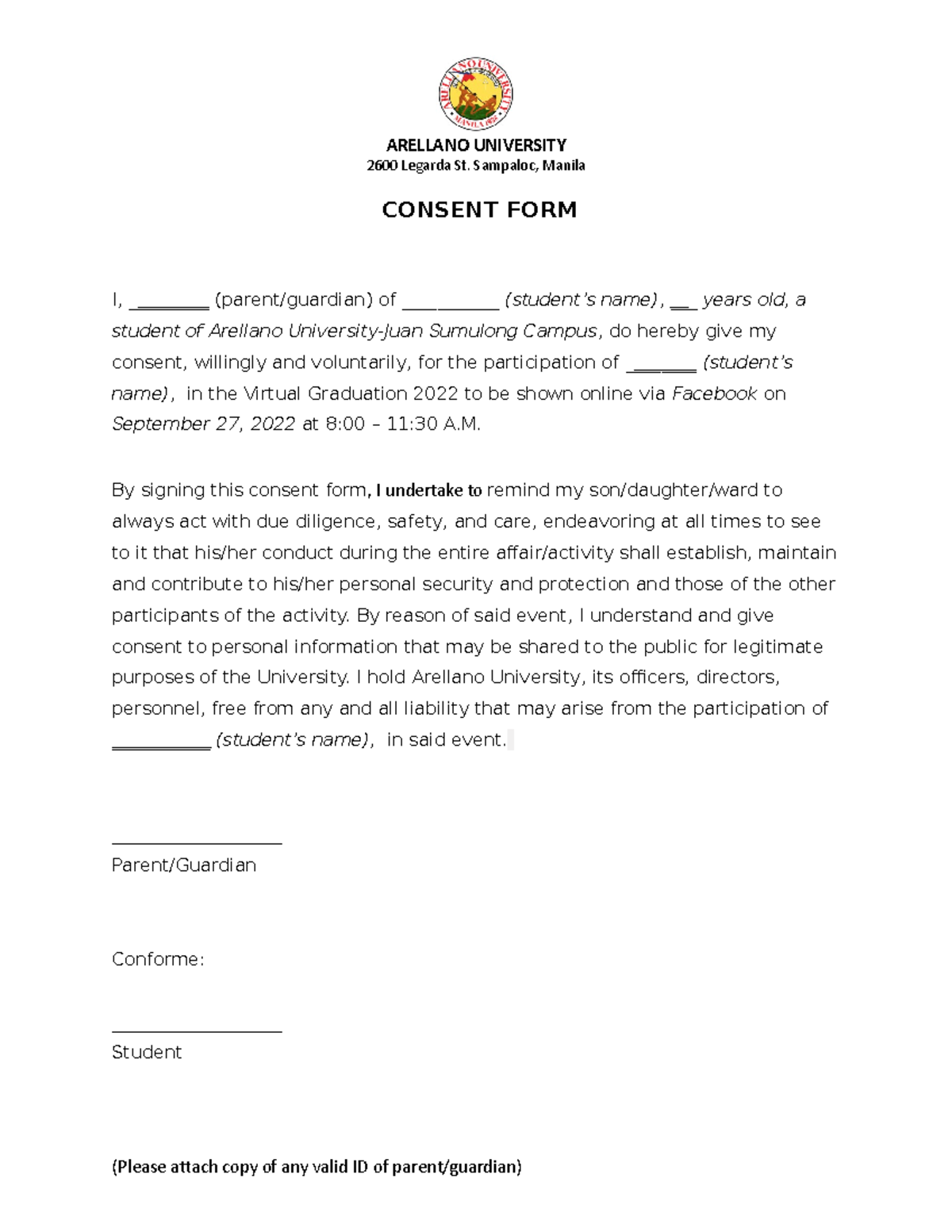 Consent-FORM - form - ARELLANO UNIVERSITY 2600 Legarda St. Sampaloc, Manila CONSENT FORM I ...