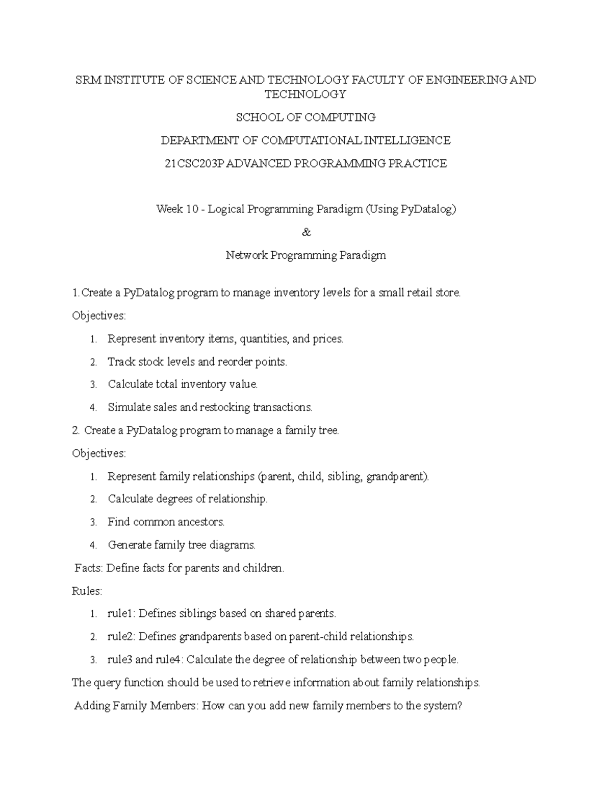 Week10 tutorial assignment - SRM INSTITUTE OF SCIENCE AND TECHNOLOGY ...