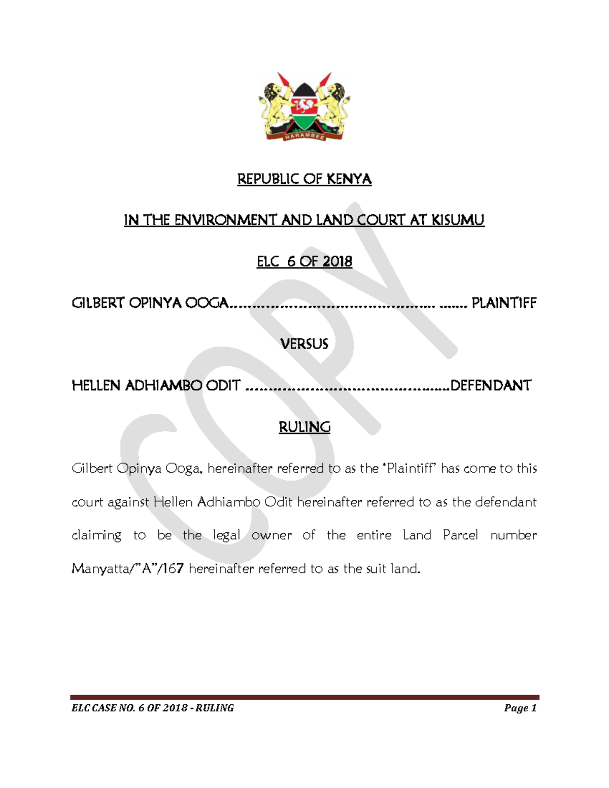 ELC CASE NO. 6 OF 2018 - Ruling - Copy - REPUBLIC OF KENYA IN THE ...