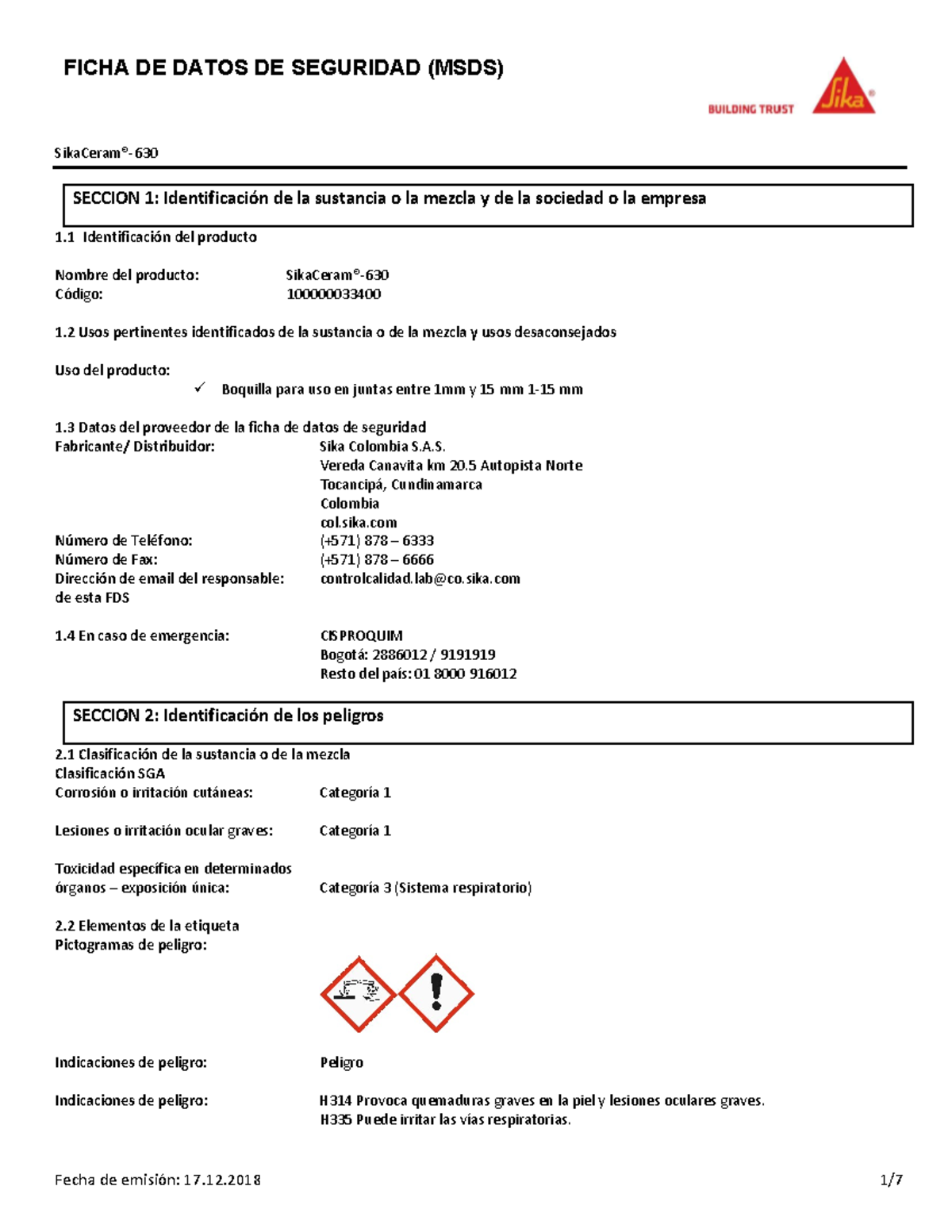 Fds sikaceram-630-color - FICHA DE DATOS DE SEGURIDAD (MSDS) SikaCeram®- SECCION 1 ...