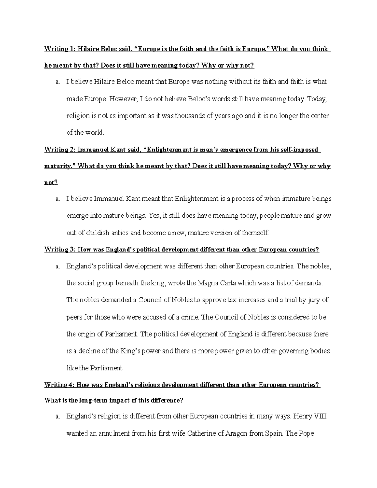 Test 1 Writing Portion - Practice for Test 1 with correct short answer ...