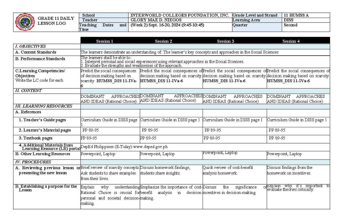 Q2 WEEK 2 - DLL Q2 WEEK 2 DISS - GRADE 11 DAILY LESSON LOG School ...