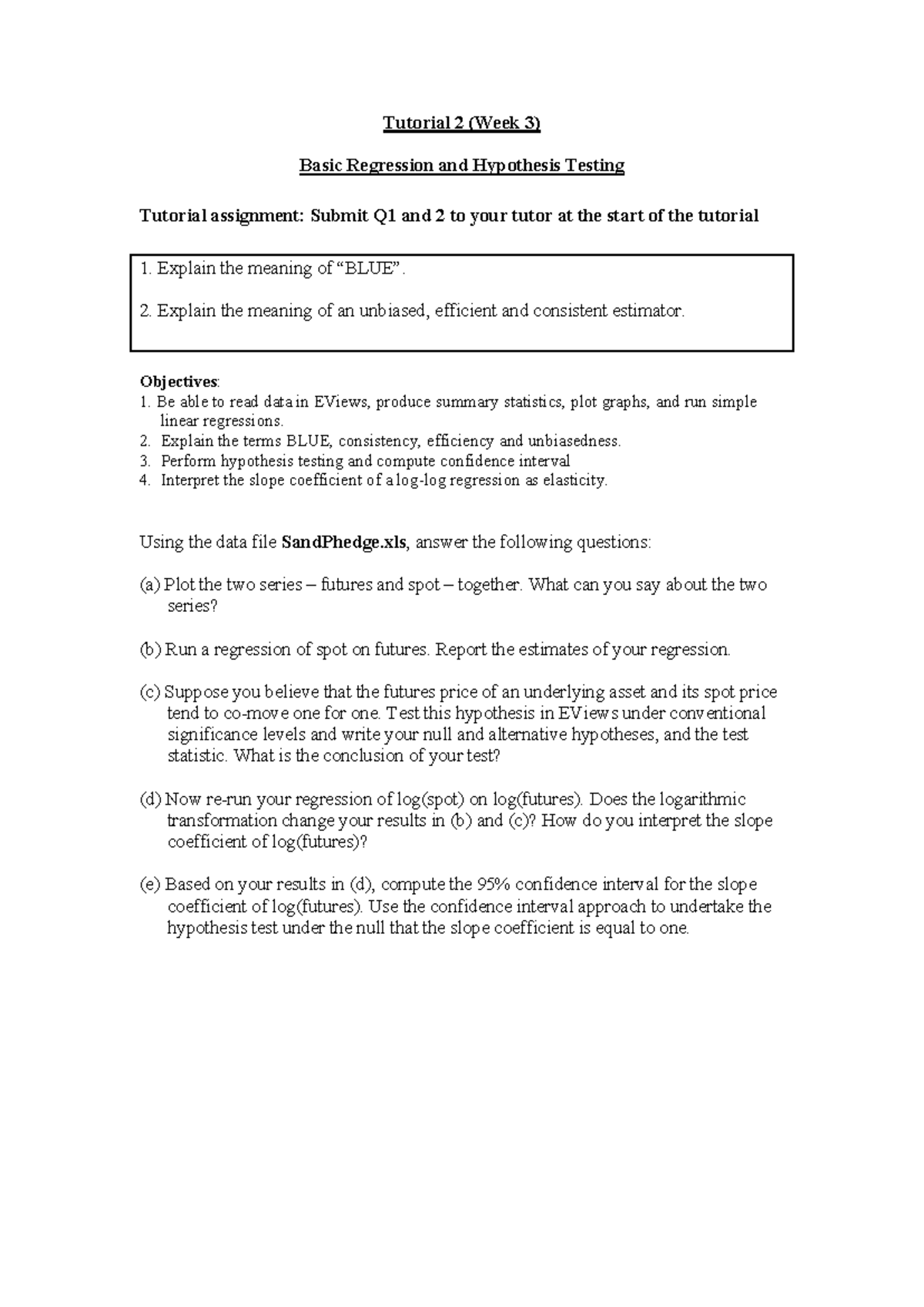 Tute2 - nil - Tutorial 2 (Week 3) Basic Regression and Hypothesis ...