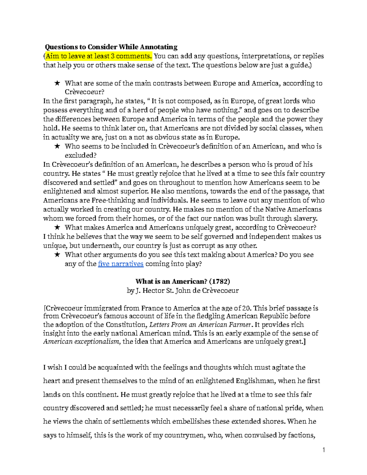 Copy of What Is an American by Crevecoeur (1782) D Block - Questions to ...