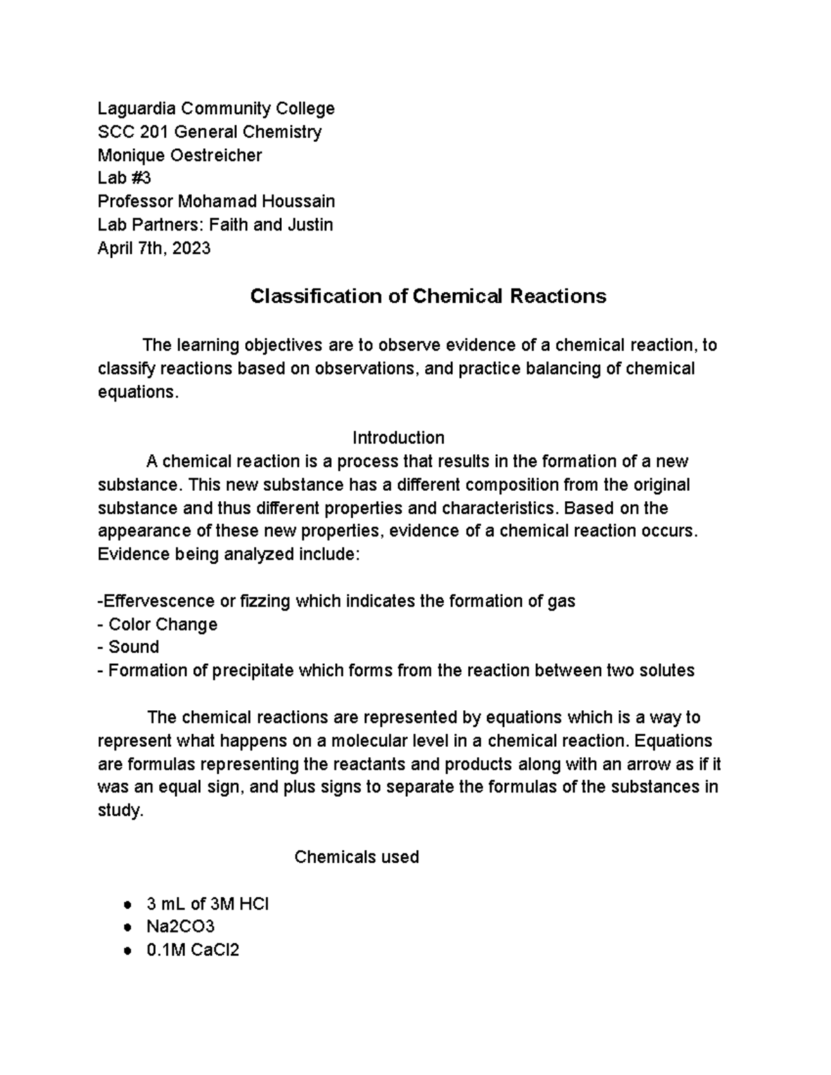 Lab 3 chemical reactions - Laguardia Community College SCC 201 General ...
