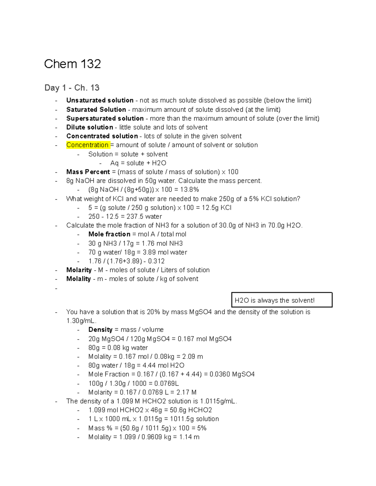 Chem 132 Notes - Chem 132 Day 1 - Ch. 13 Unsaturated solution - not as ...