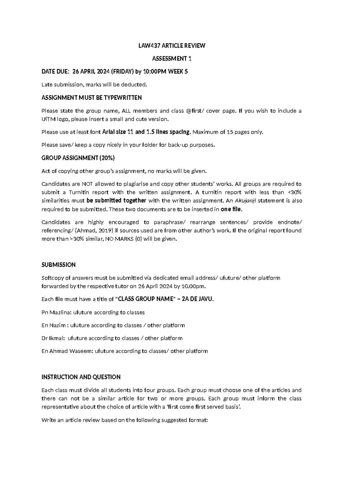 LAW437 Article Review Format - LAW437 ARTICLE REVIEW ASSESSMENT 1 DATE DUE: 26 APRIL 2024 ...