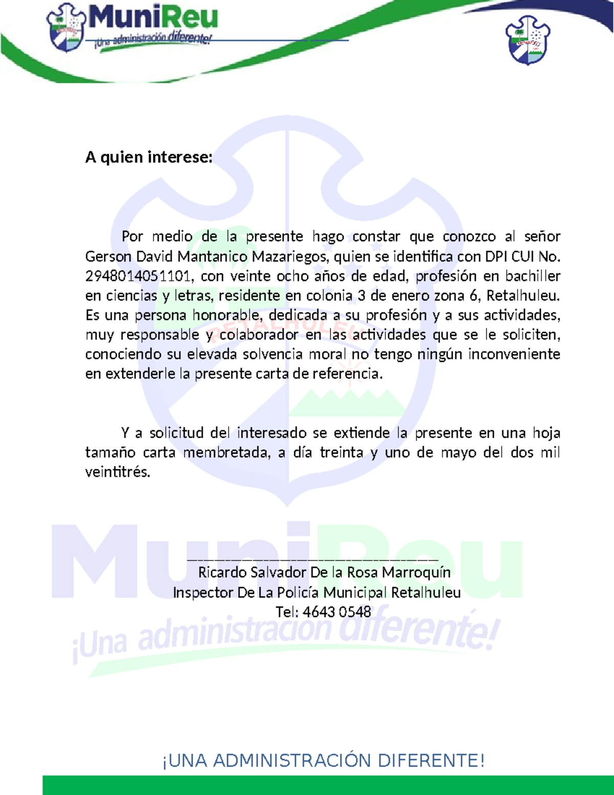 Carta de recomendacion . 2023 para gerson - A quien interese: Por medio ...