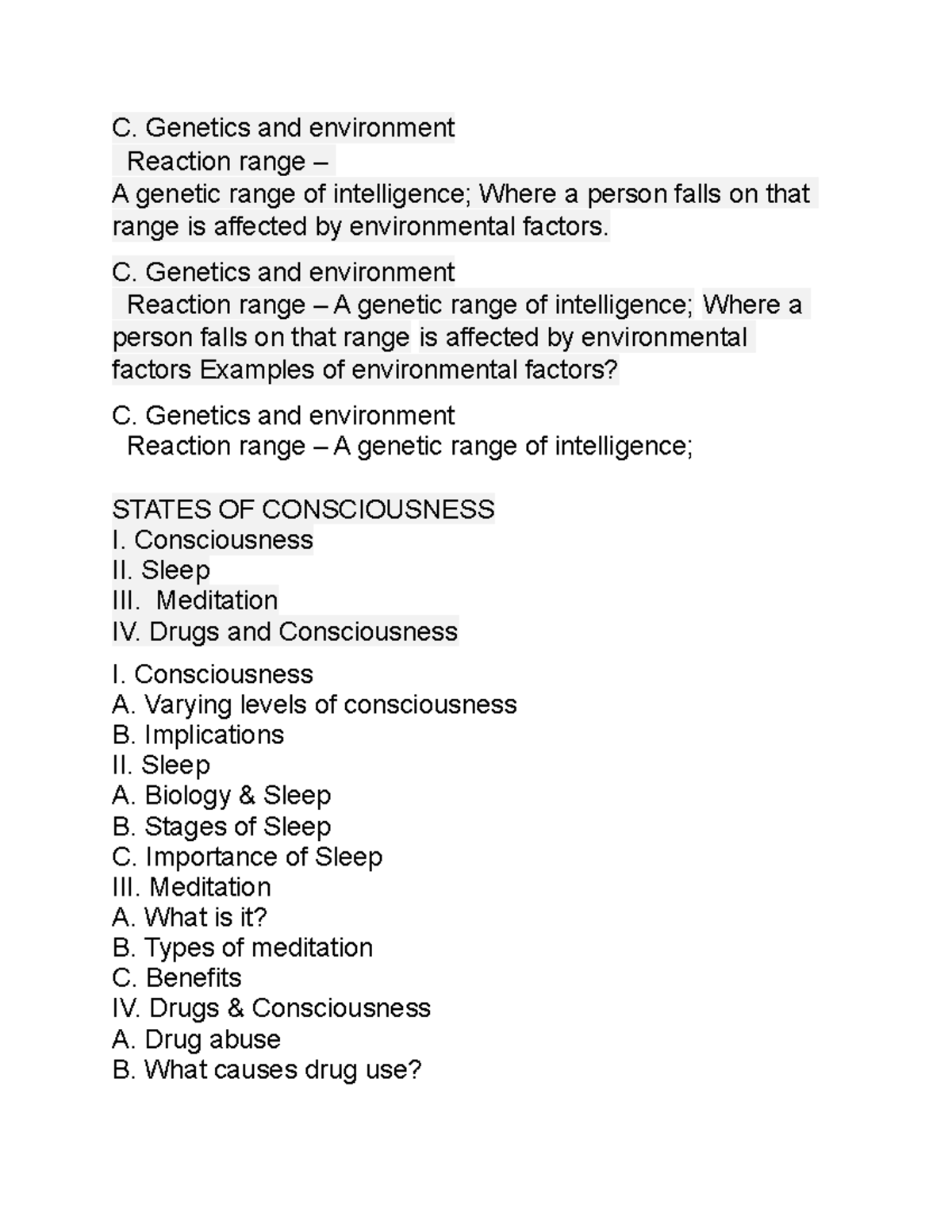 Psych 25 - Practice materials with notes - C. Genetics and environment ...