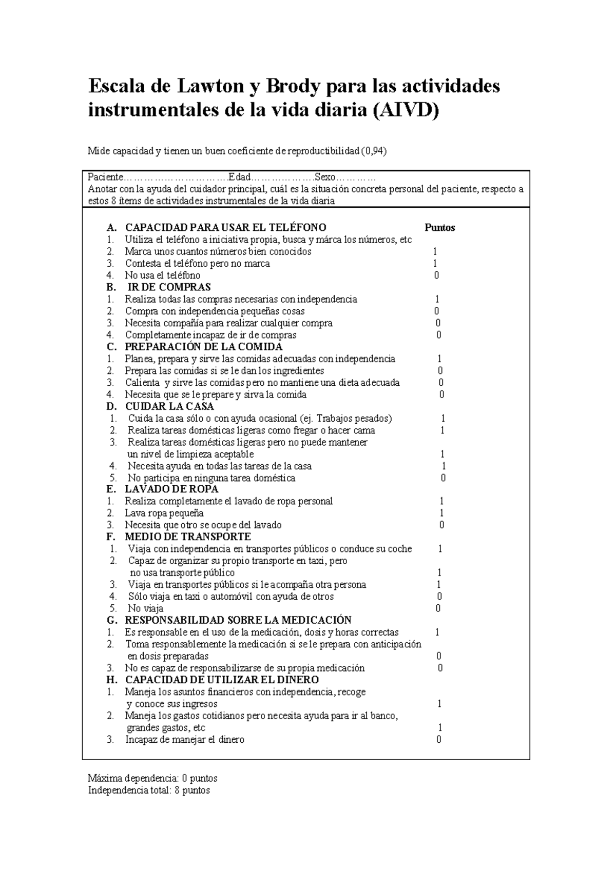 Indice lawton brody - Terapia ocupacional - Escala de Lawton y Brody para las actividades - Studocu