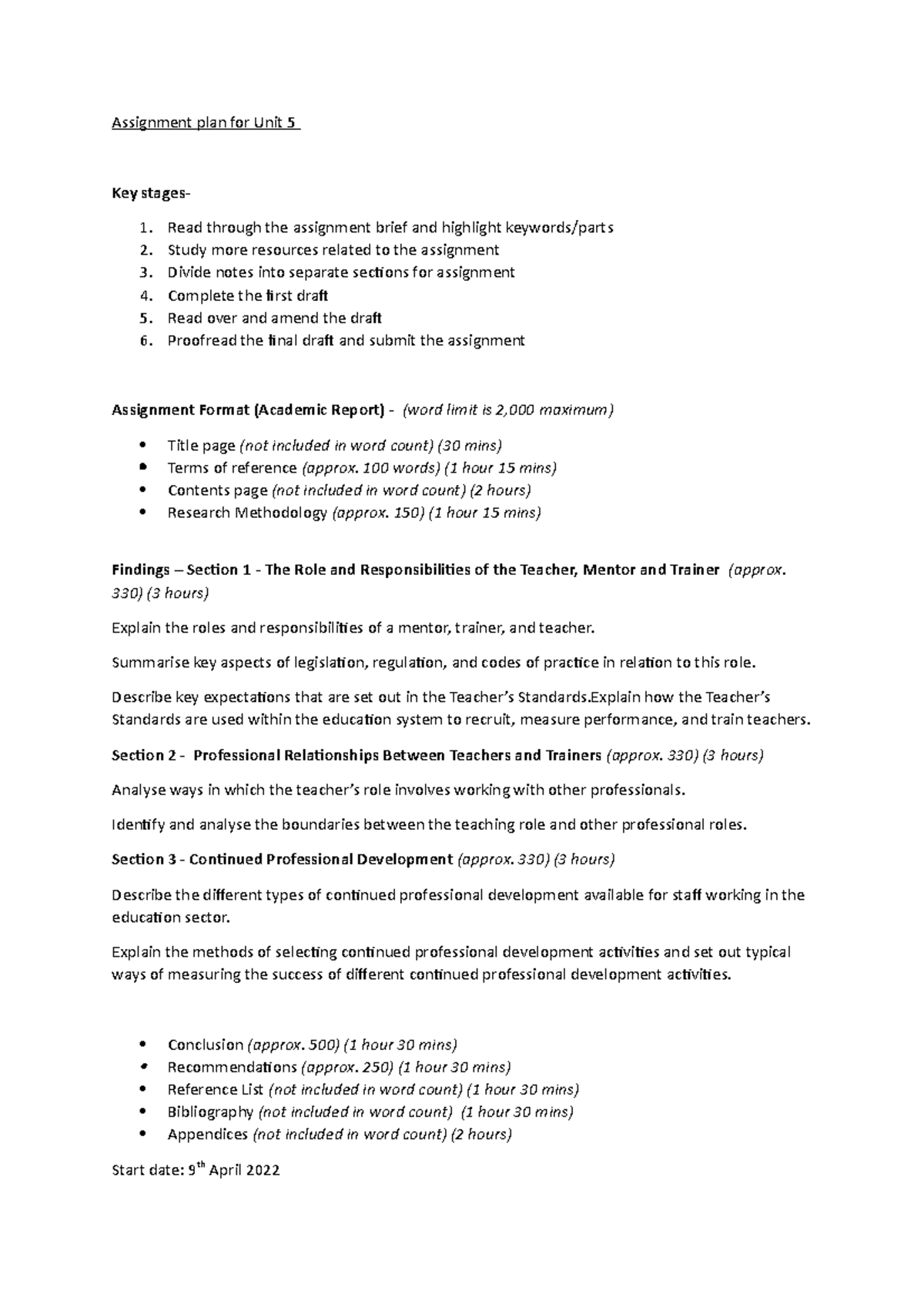 Assignment plan for Unit 5- Madison Martindale - HB73MR004U - Studocu