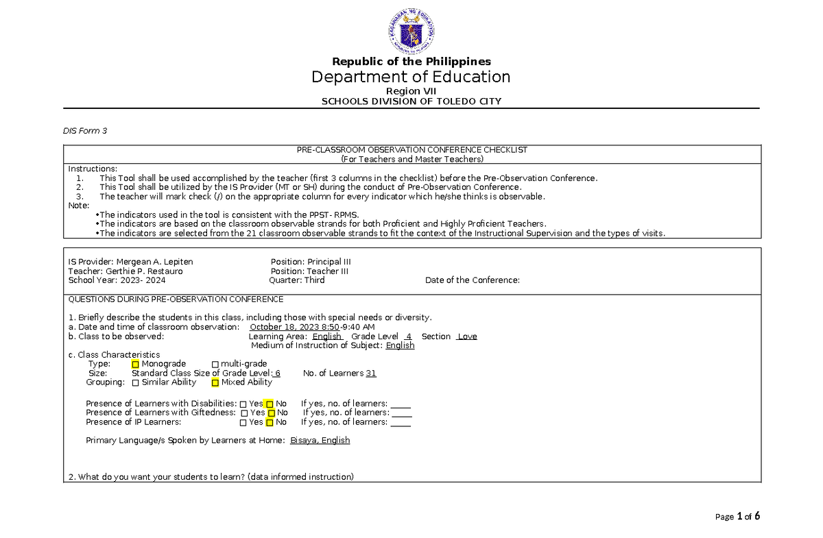 Restauro, Gerthie P. Q3 -2023-2024 DIS-Form-3-Pre-Observation ...