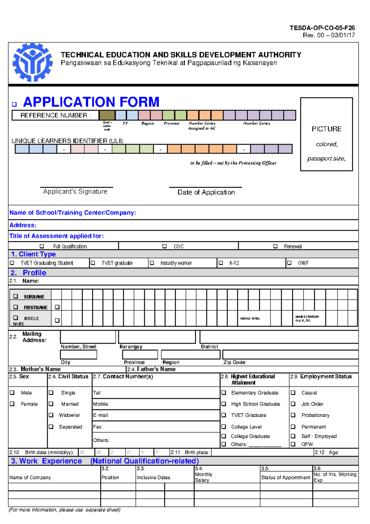 NC Assessment Application Form - TESDA-OP-CO- 05 - F Rev. 00 – 03/01/1 ...