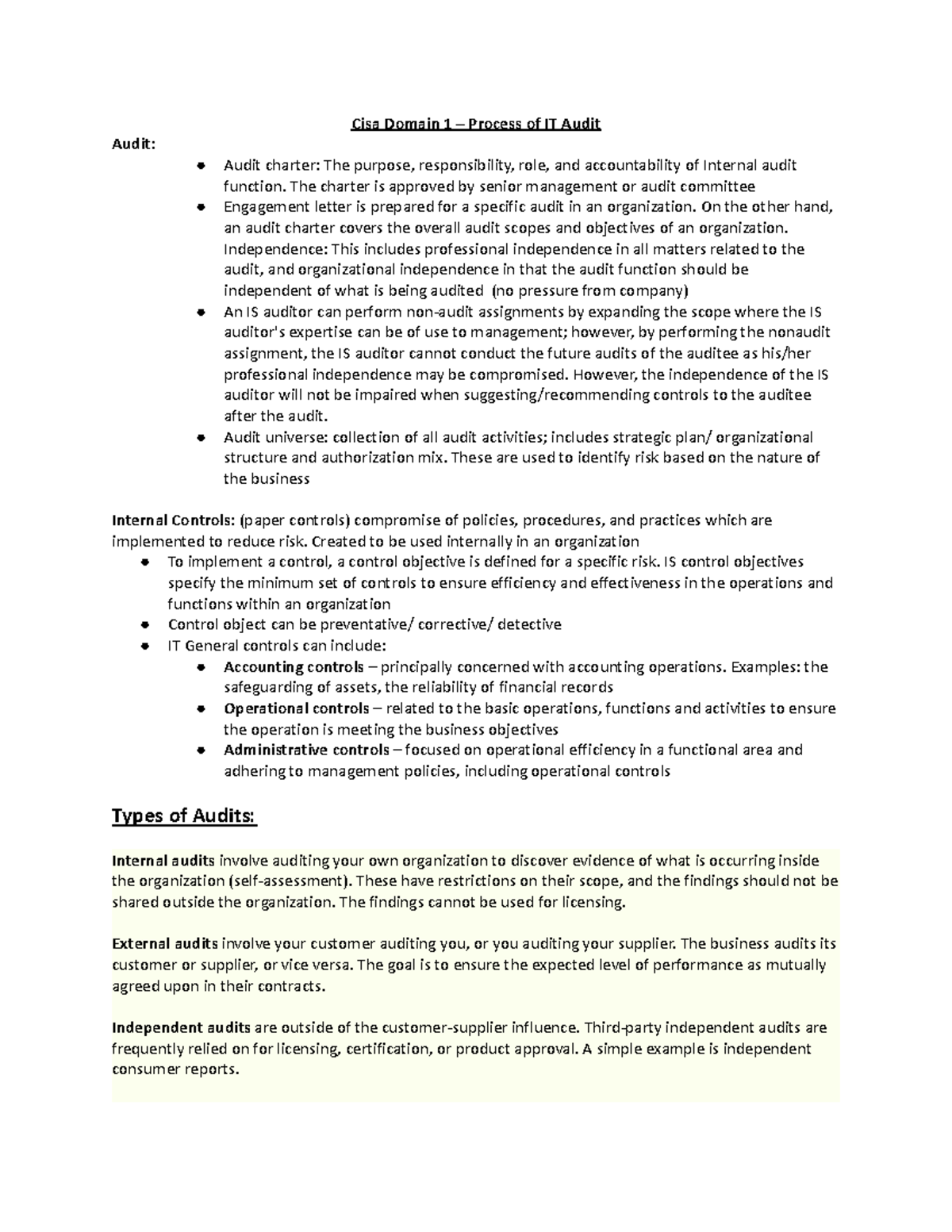 CISA - Isaca Notes - Cisa Domain 1 – Process of IT Audit Audit: Audit ...