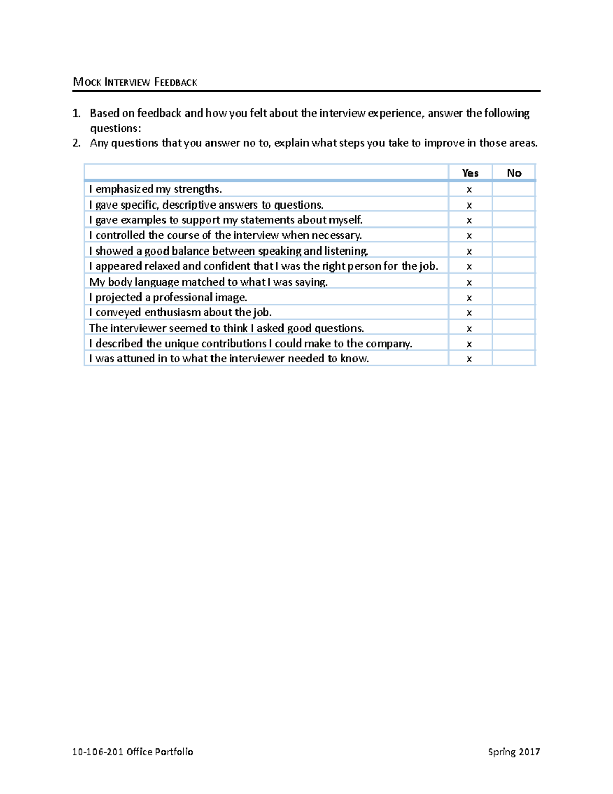 Mock Interview Feedback - MOCK INTERVIEW FEEDBACK 1. Based on feedback ...