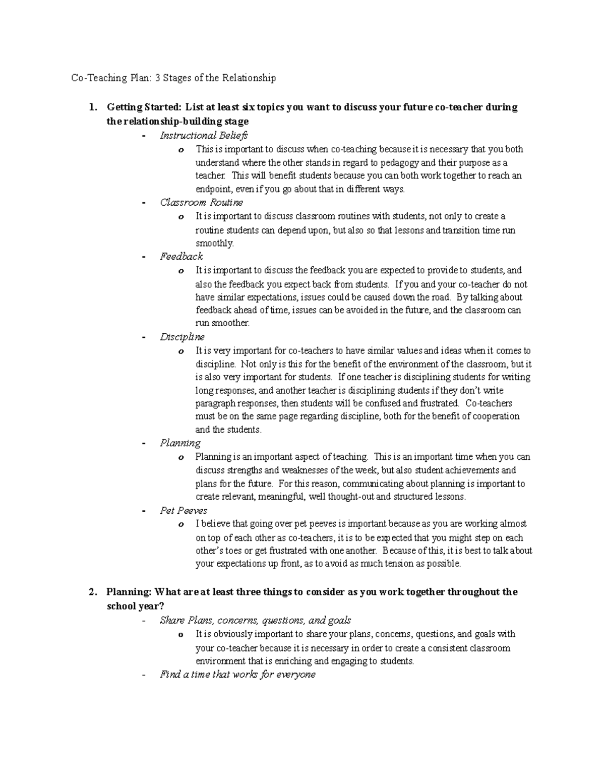 Co-Teaching Plan - Coursework - Co-Teaching Plan: 3 Stages of the ...