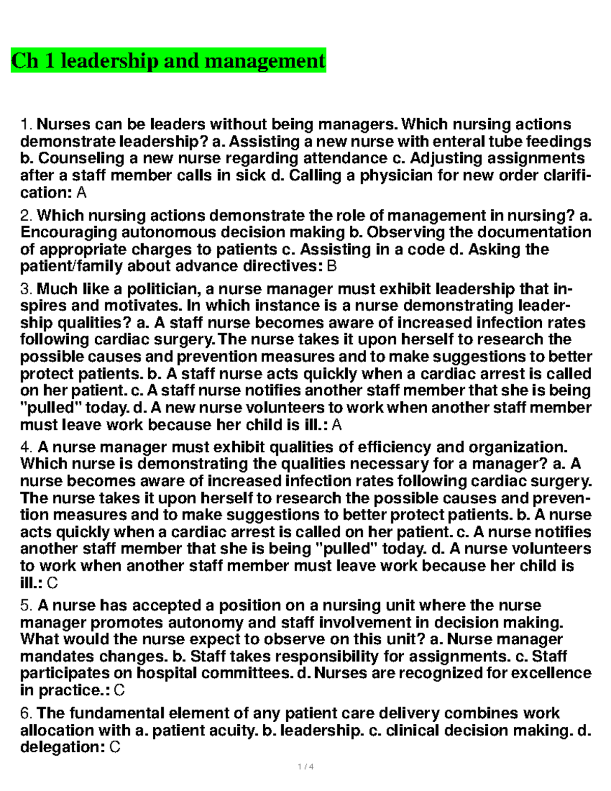 Ch 1 leadership and management - Ch 1 leadership and management Nurses ...