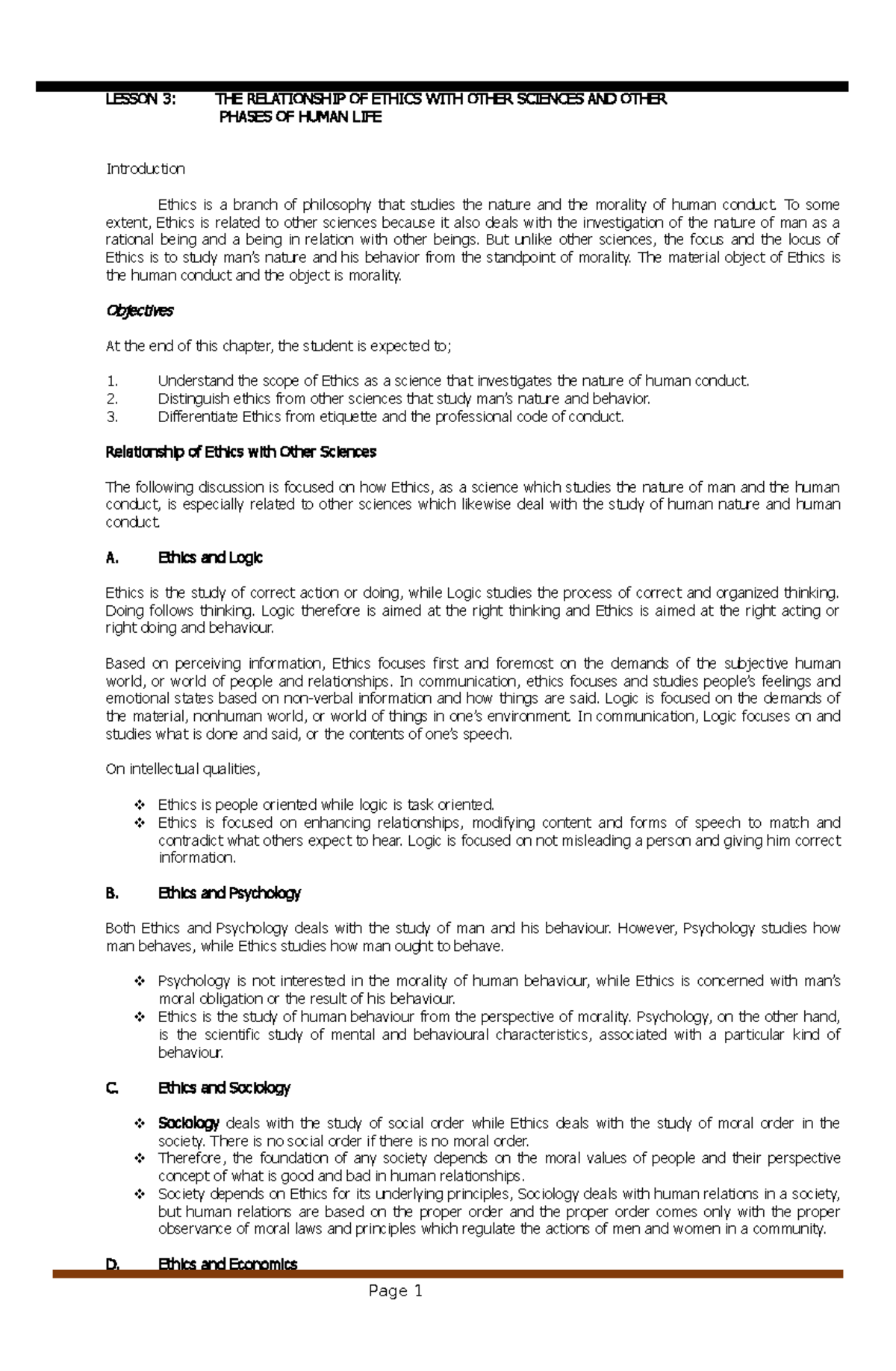 Chapter 3 THE Relationship OF Ethics WITH Other Sciences AND Other
