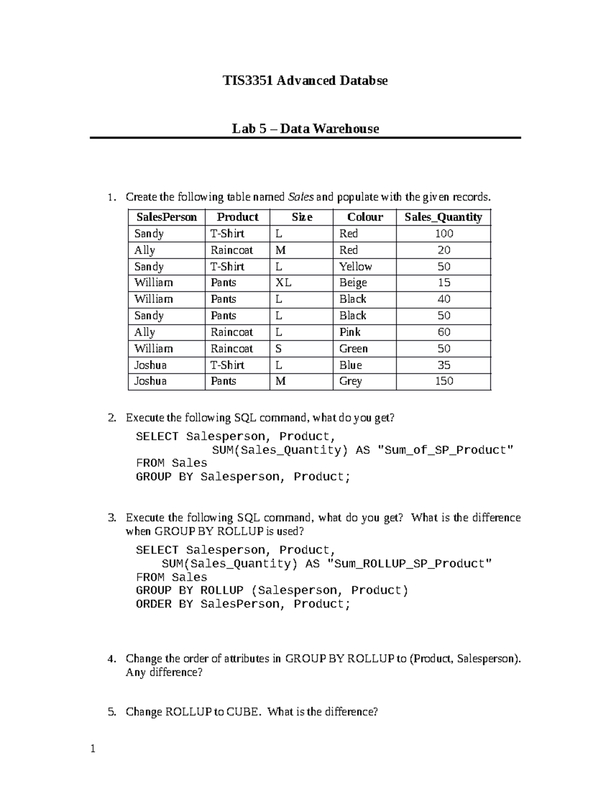 Tuorial - MMU - TIS3351 Advanced Databse Lab 5 – Data Warehouse Create ...