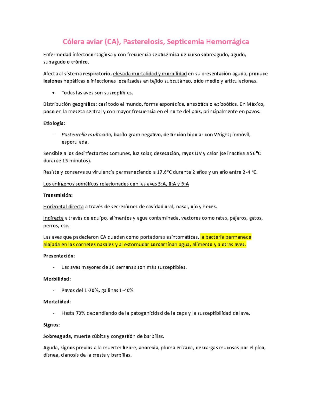 Cólera aviar - Cólera aviar (CA), Pasterelosis, Septicemia Hemorrágica ...