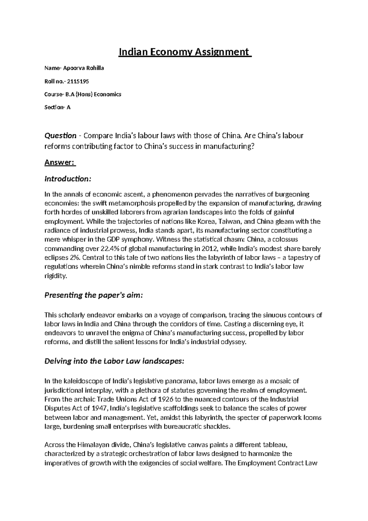 Indian Economy Assignment- 2115195 - Indian Economy Assignment Name- Apoorva Rohilla Roll no ...