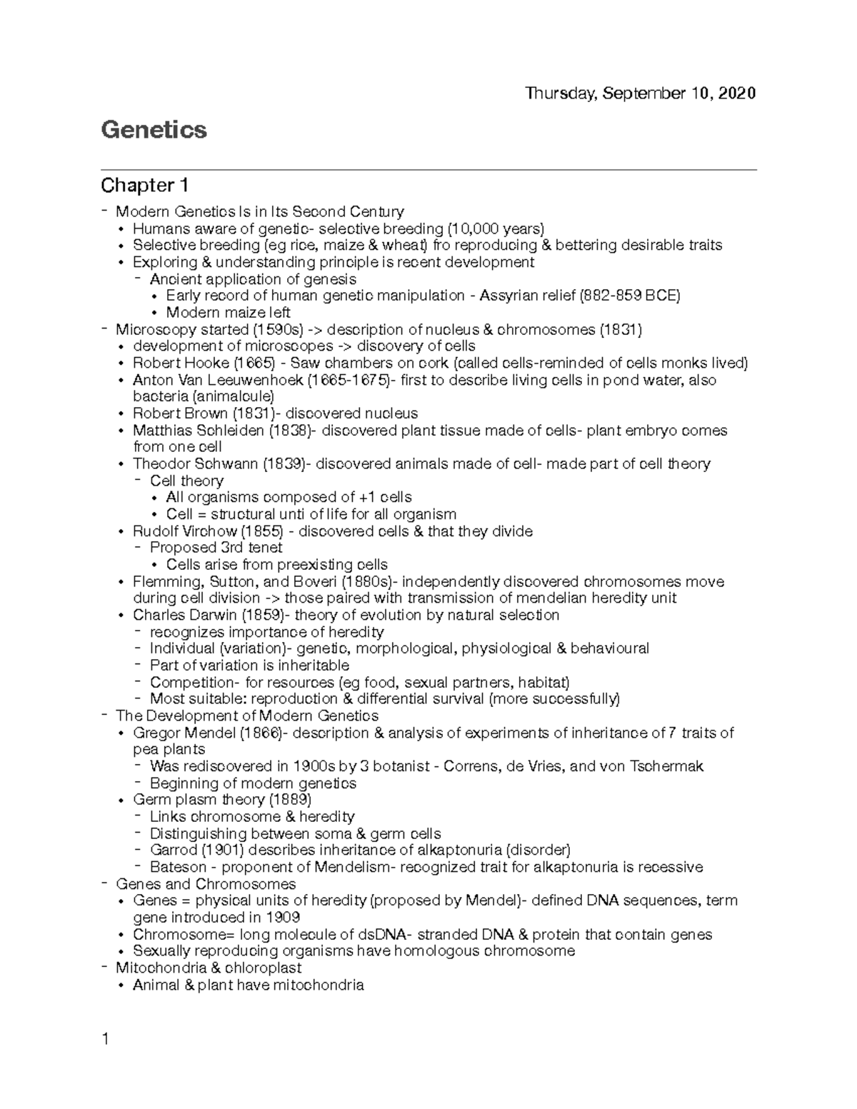 Intro - Thursday, September 10, 2020 Genetics Chapter 1 - Modern ...
