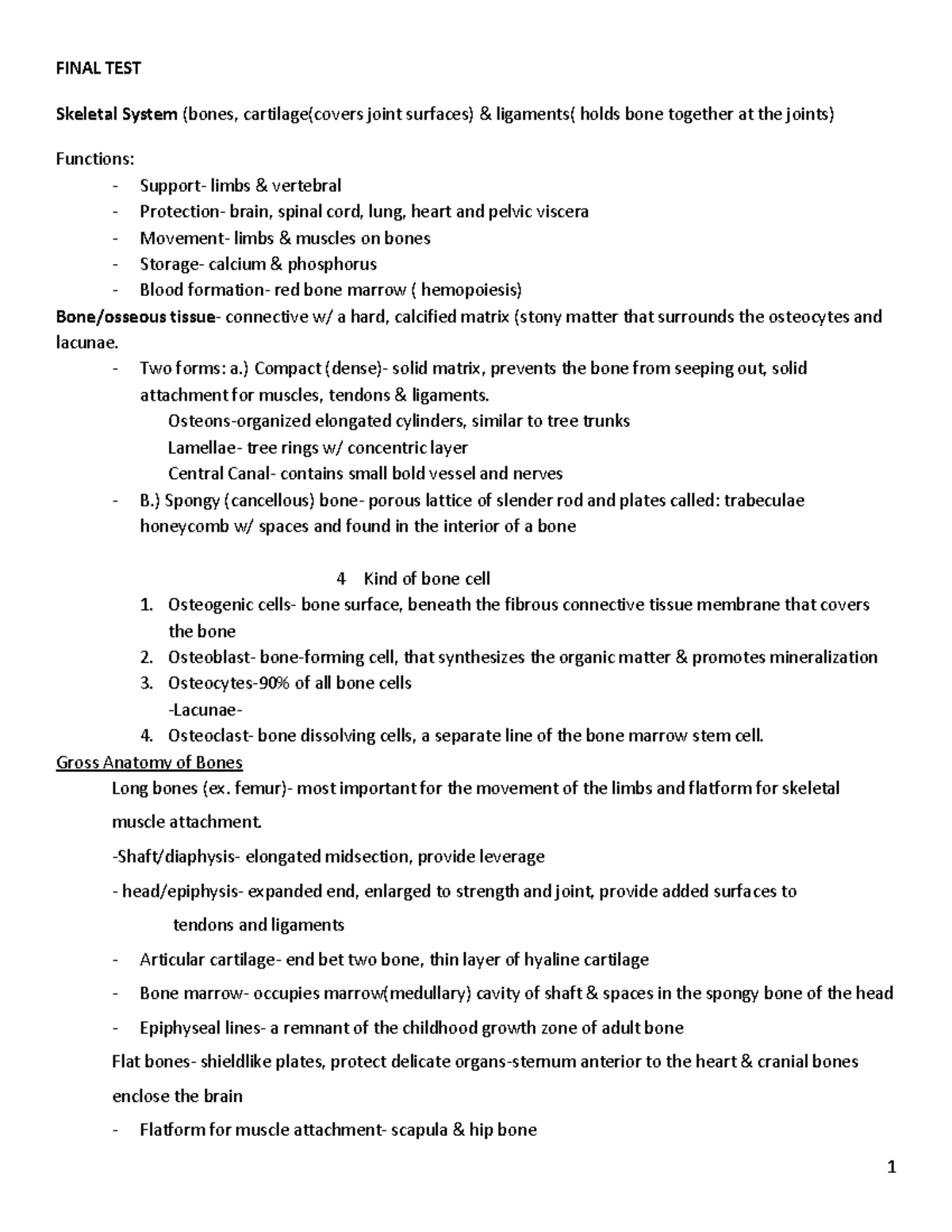 Anatomy review - FINAL TEST Skeletal System (bones, cartilage(covers ...