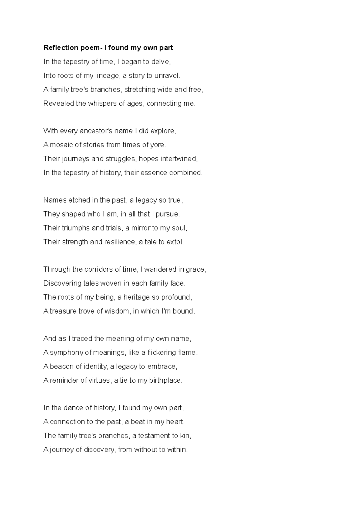 Reflection poem - A family tree's branches, stretching wide and free ...