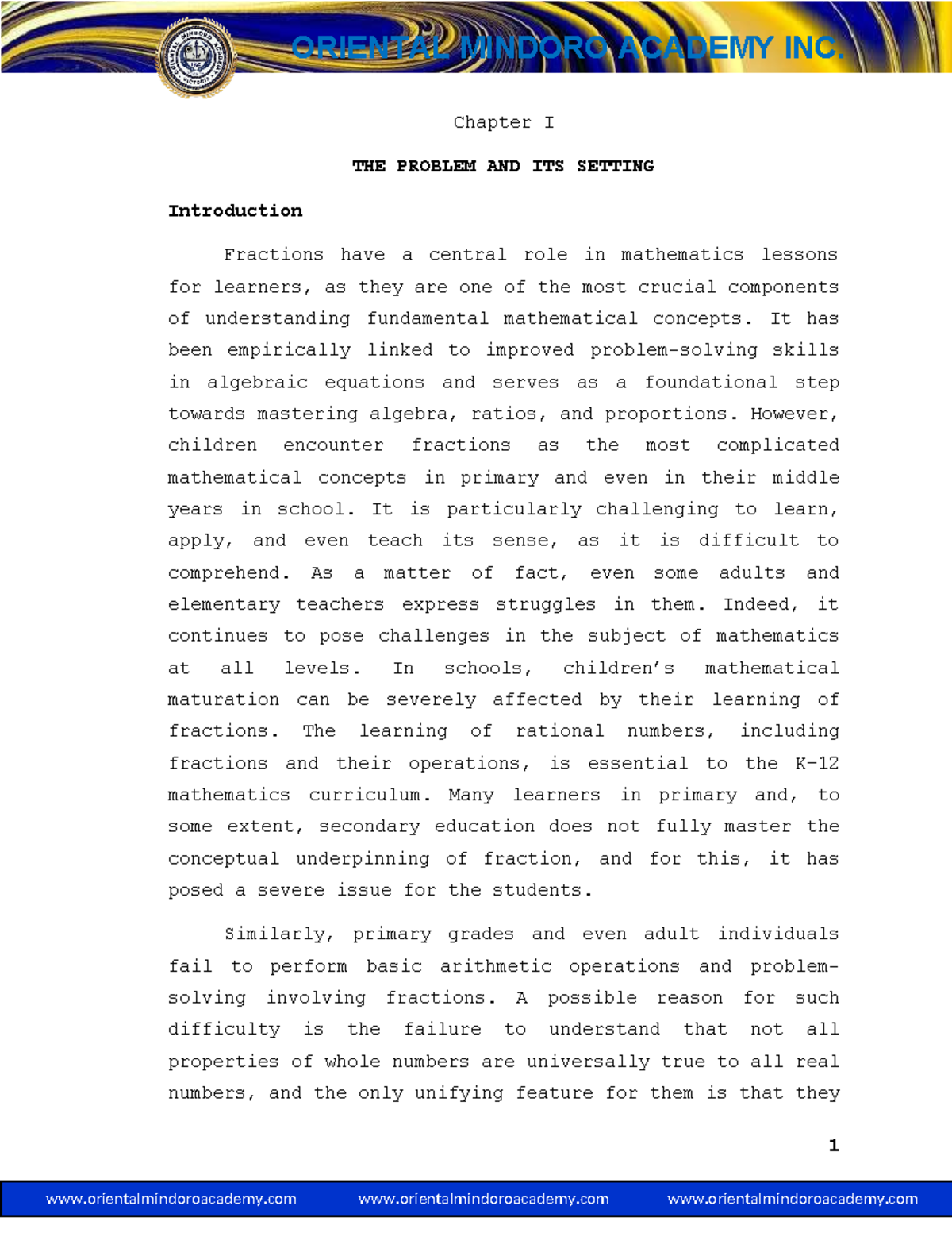 Calculus Final Performance Tasks - Chapter I THE PROBLEM AND ITS SETTING Introduction Fractions ...