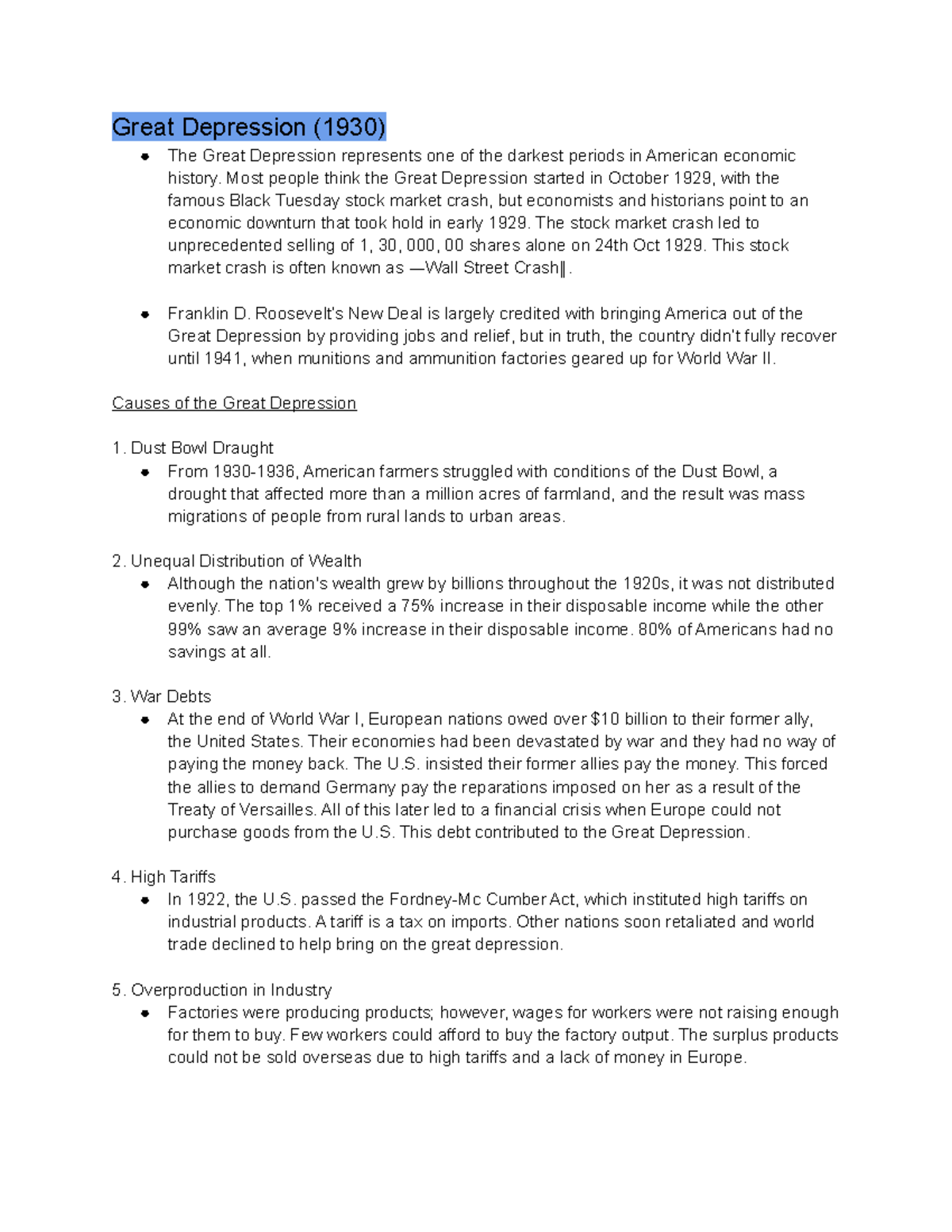 History 1 - Part 8 Notes - Great Depression (1930) The Great Depression ...