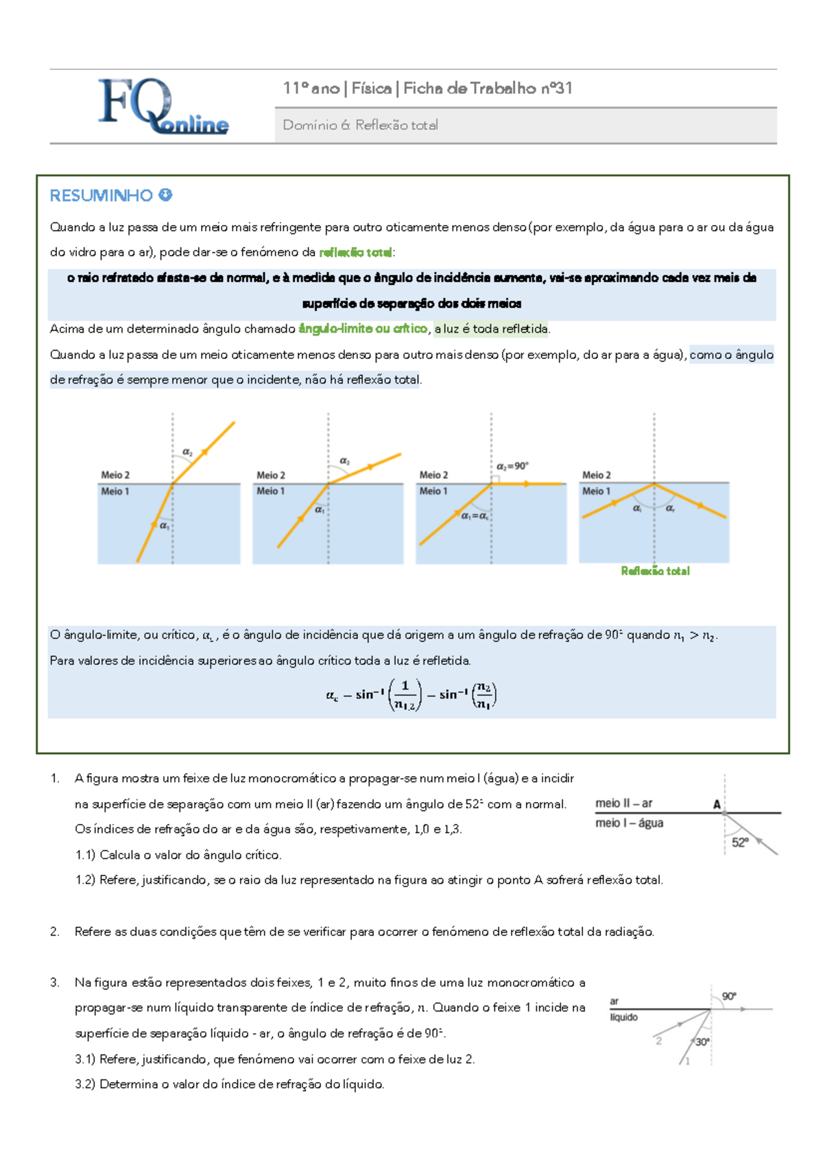 Ficha 31 - RESUMINHO J Quando a luz passa de um meio mais refringente ...