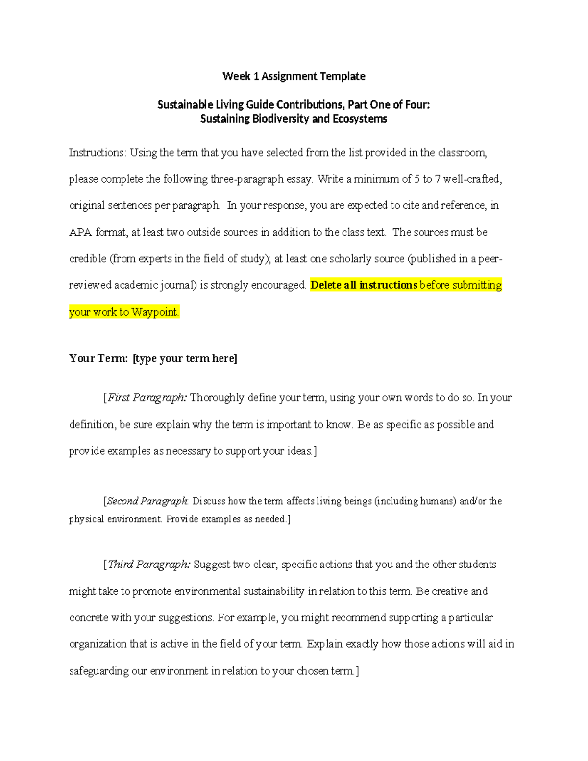 Week 1 Assignment Template Revised - Week 1 Assignment Template Sustainable Living Guide - Studocu