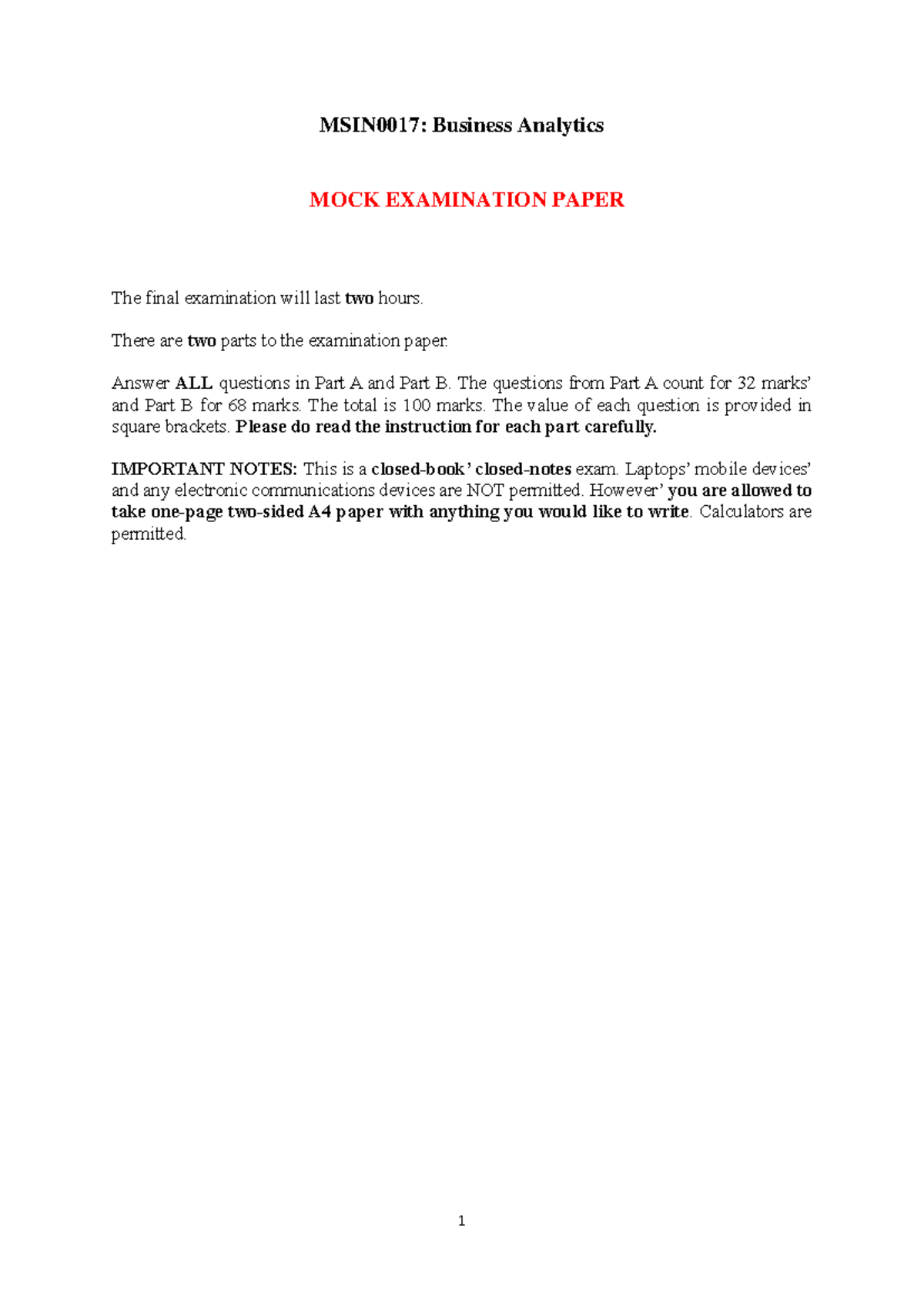 Mock Exam-BA - MSIN 0017 : Business Analytics MOCK EXAMINATION PAPER ...