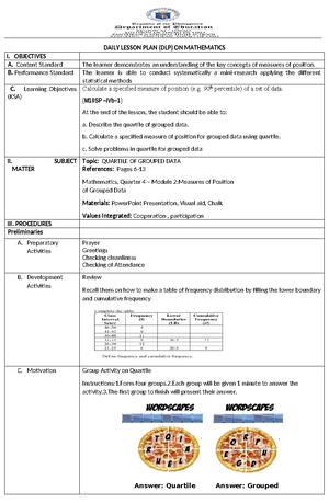 LP- Percentile - Lesson Plan - DAILY LESSON PLAN (DLP) ON MATHEMATICS I. OBJECTIVES A. Content ...