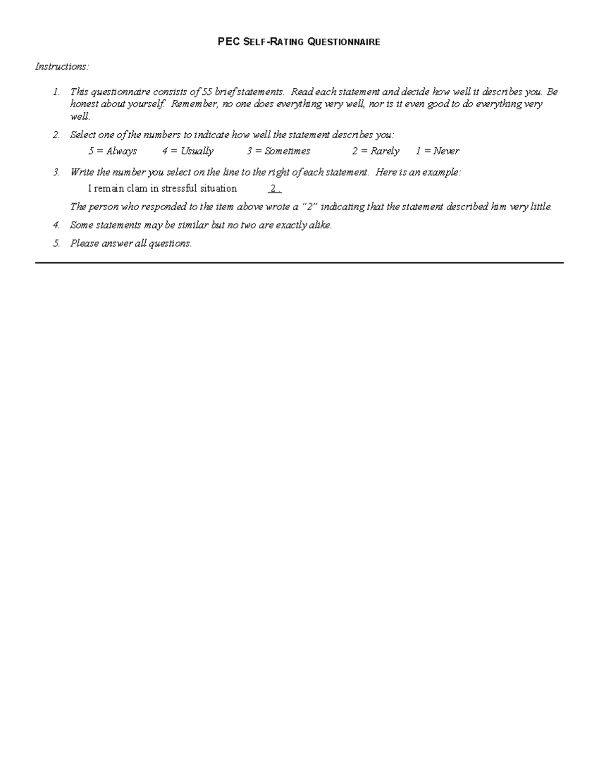 PEC Questionnaire and Score Sheet - PEC SELF-RATING QUESTIONNAIRE ...