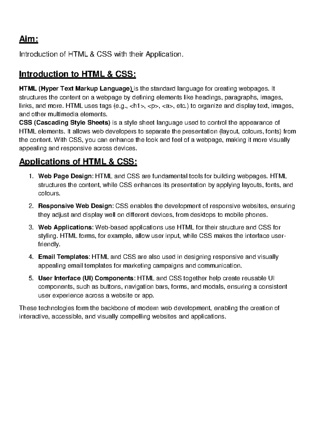 Web lab Pratical File - Aim: Introduction of HTML & CSS with their ...