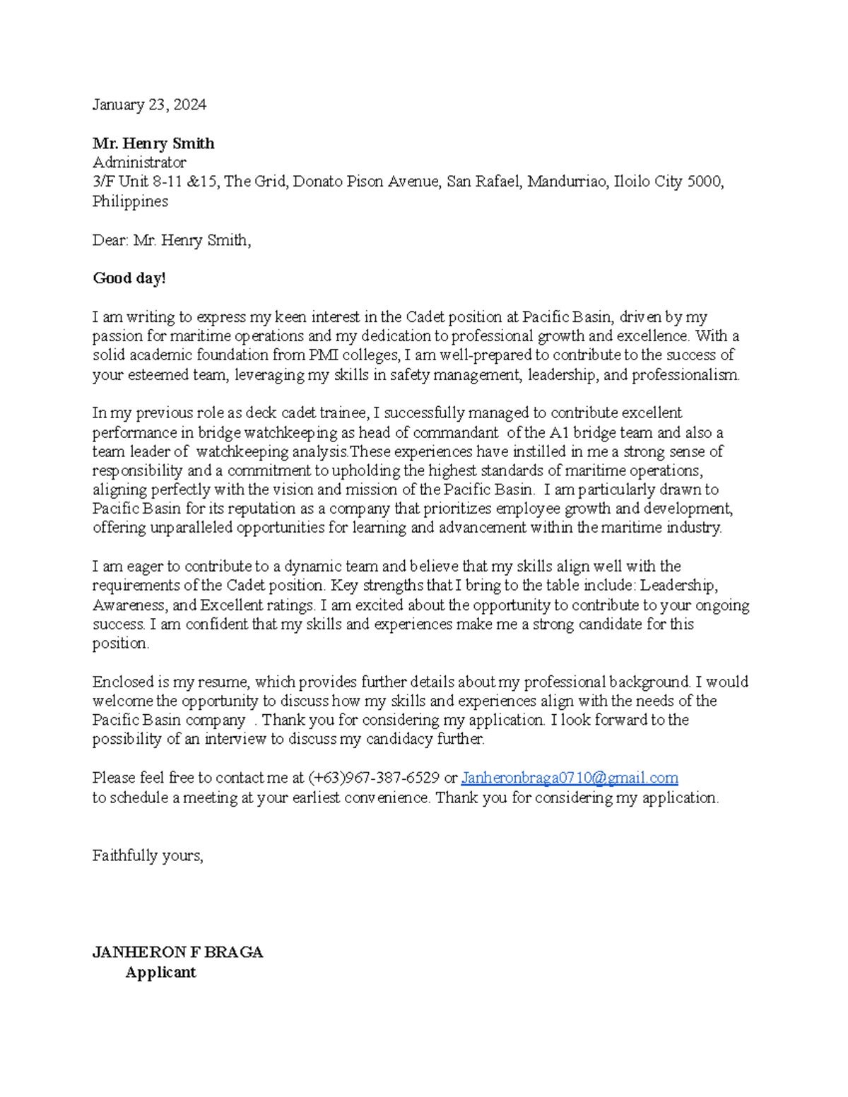 Application Letter - January 23, 2024 Mr. Henry Smith Administrator 3/F ...