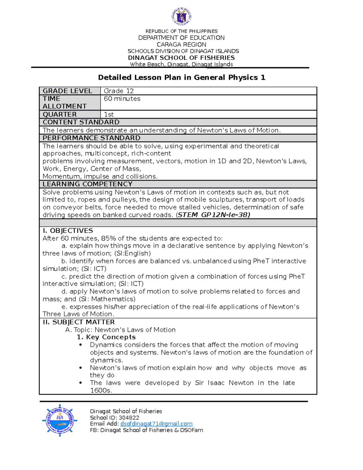DLl P - Newton's 3 Laws of Motion - DEPARTMENT OF EDUCATION CARAGA ...