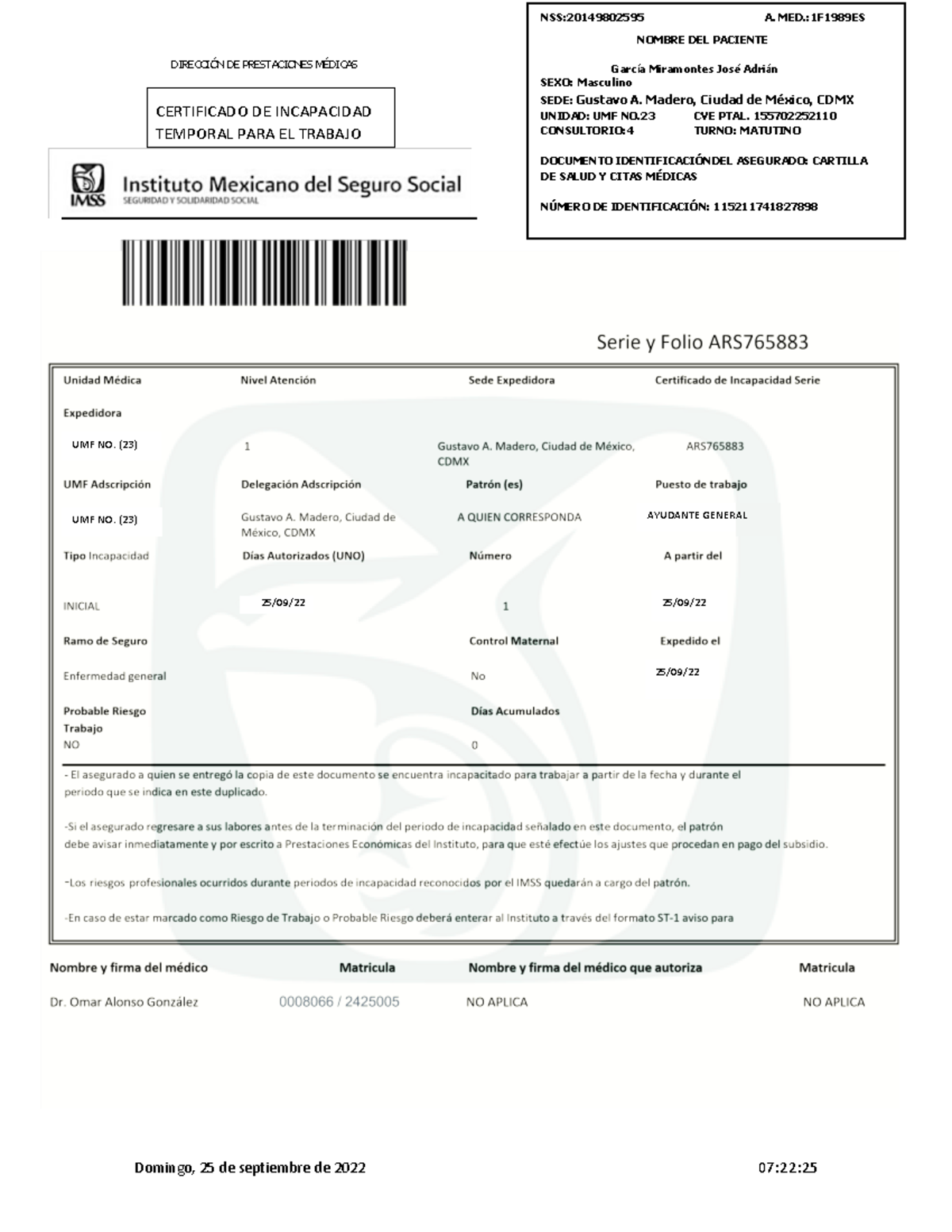 Incapacidad Adrian - imss general detalle y código de barras funcional ...