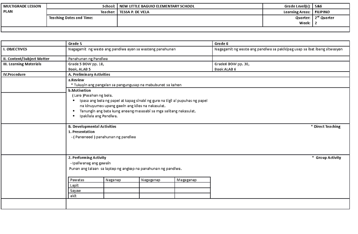 Multigrade- Lesson-PLAN - MULTIGRADE LESSON PLAN School: NEW LITTLE ...